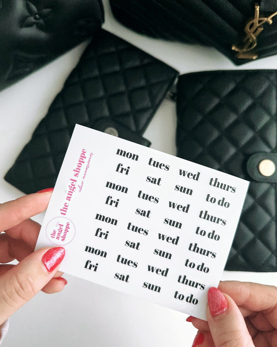 Classsic font days of the week (SHORT) stickers in black (clear matte ...